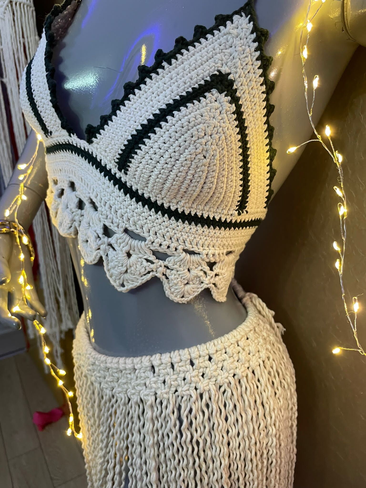 Women's Macrame Skirt and Bustier Suit Green White Crop Top Curly Skirt ...