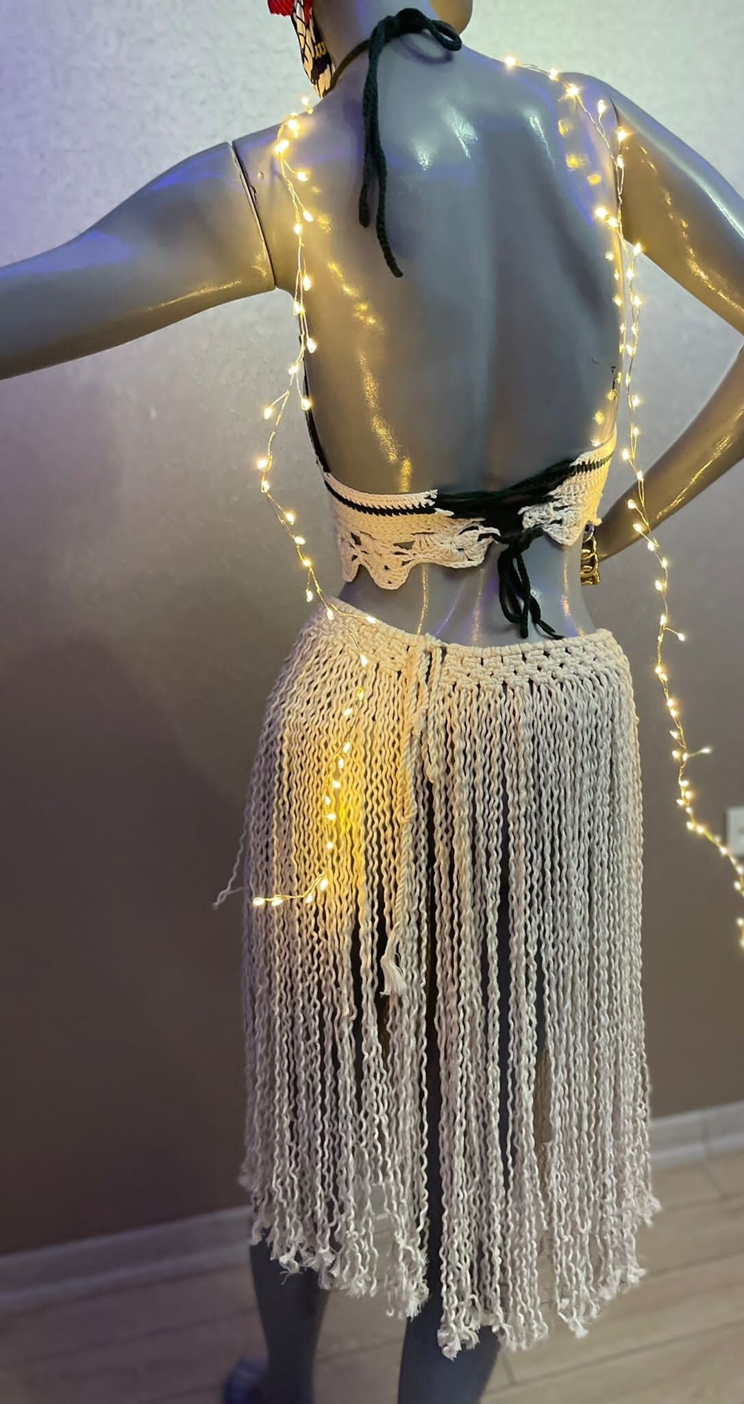 Women's Macrame Skirt and Bustier Suit Green White Crop Top Curly Skirt ...