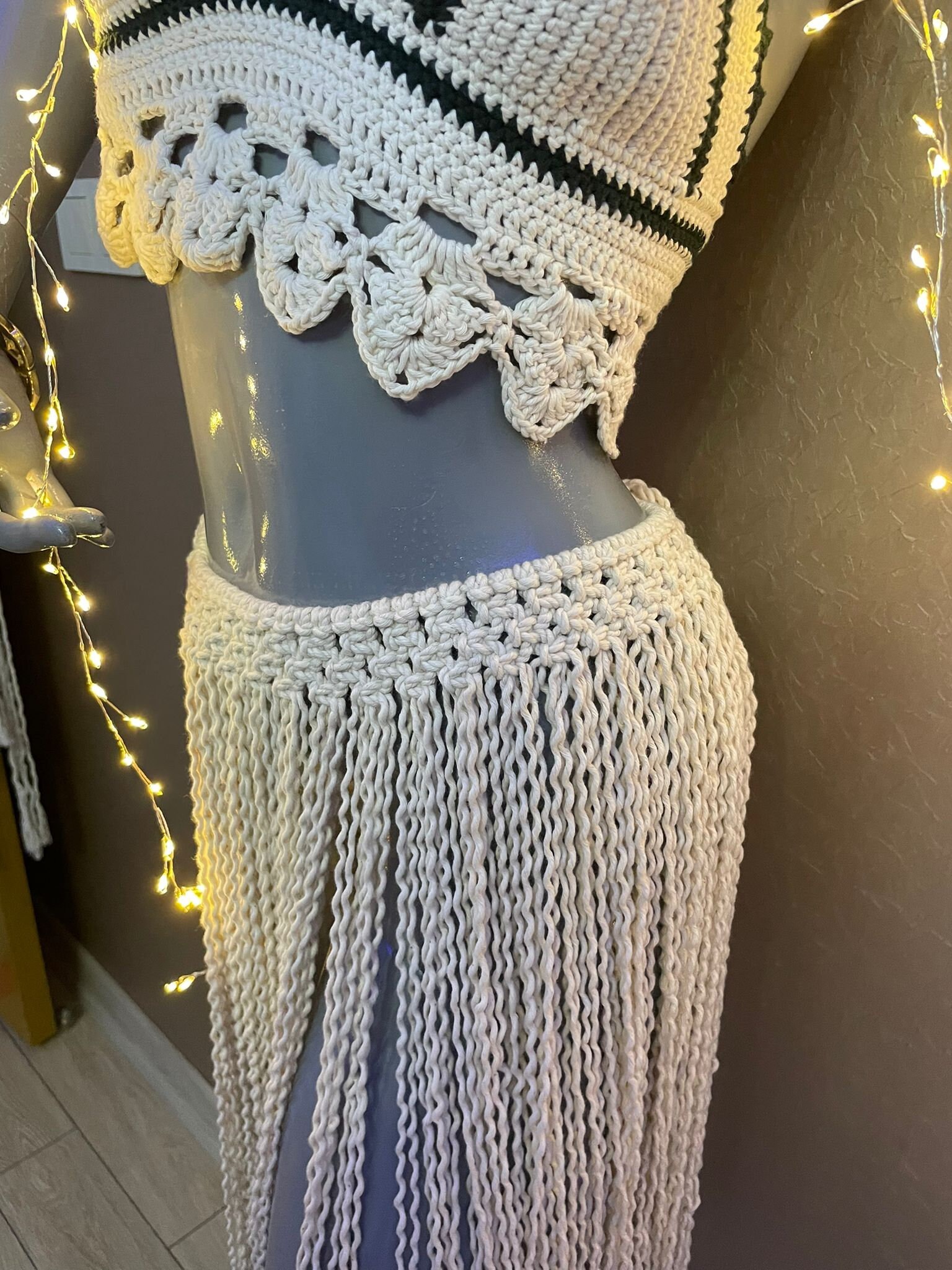 Women's Macrame Skirt and Bustier Suit Green White Crop Top Curly Skirt ...