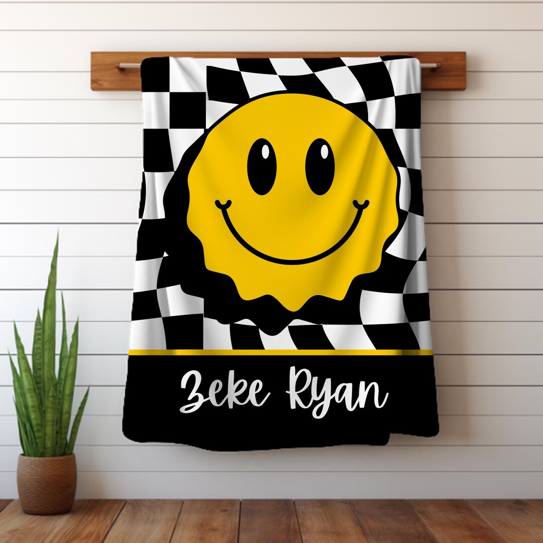 Personalized Rad Little Dude Smiley Face Checker Blanket Cool Nursery ...