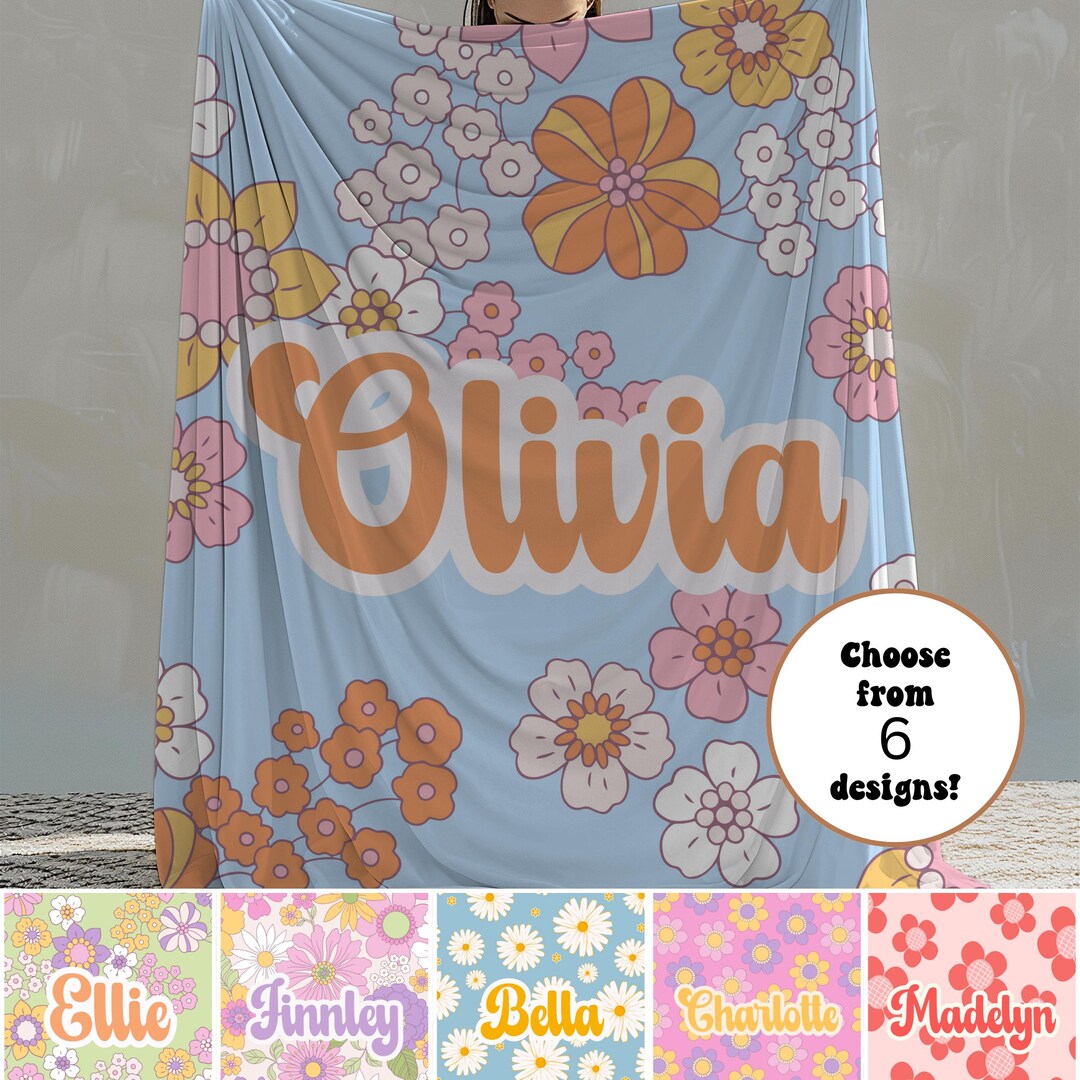 Groovy Retro Flower Blanket, Personalized Name Throw, Dorm Roommate ...