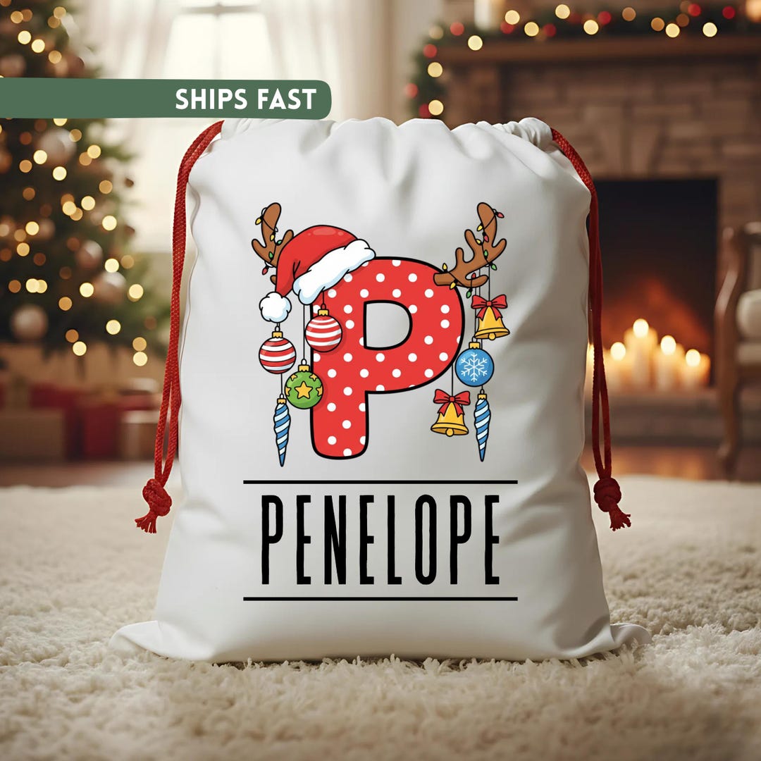 Reindeer Initial Santa Bag, Custom Monogram Gift Sack - Etsy