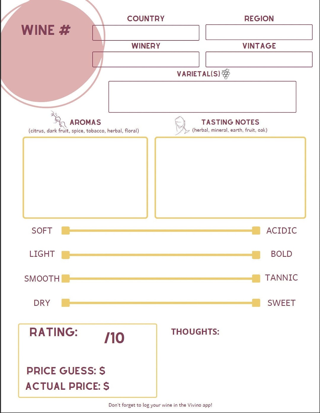 Wine Tasting Notes and Rating Sheet - Printable | Wine Scorecard ...