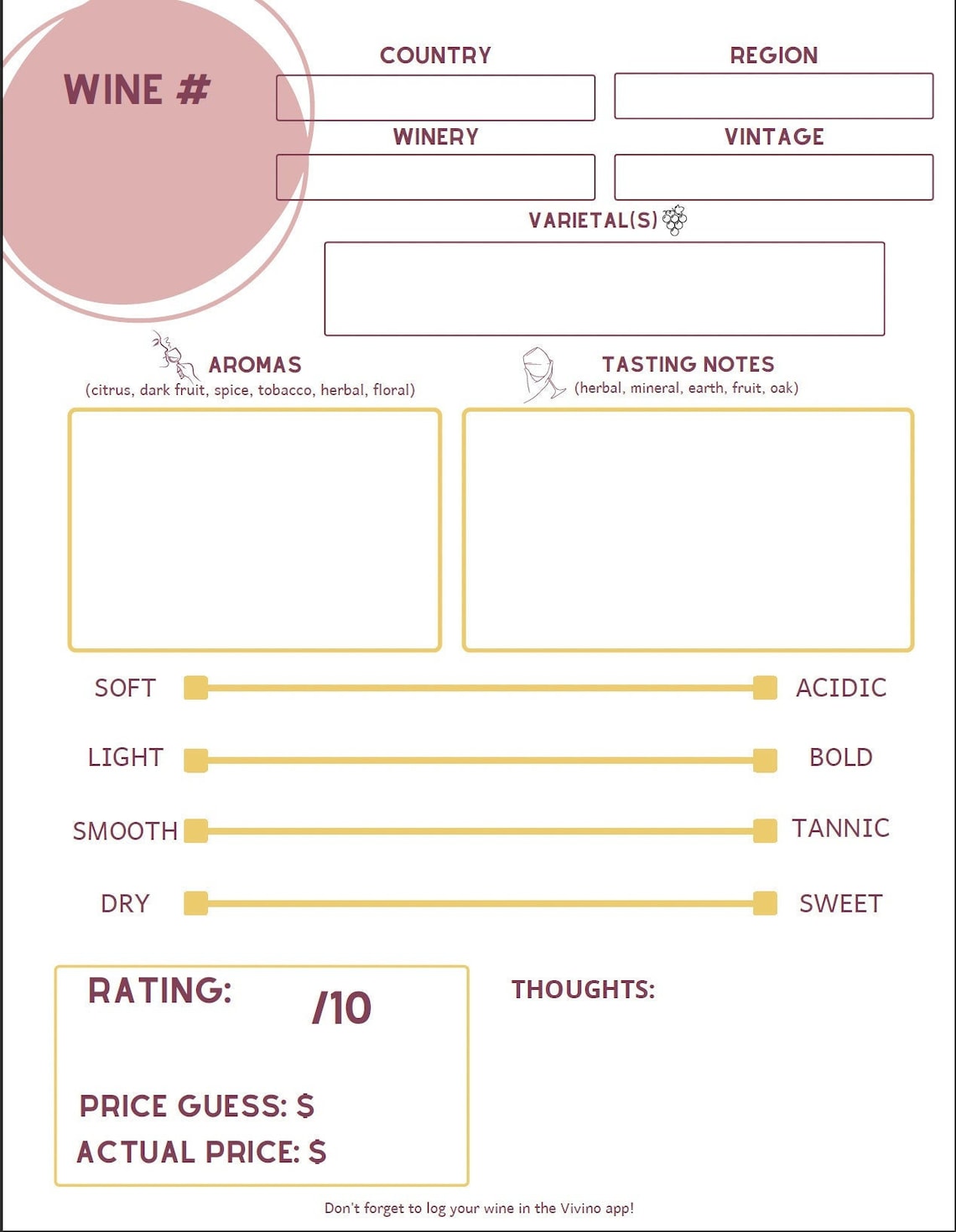 Wine Tasting Notes and Rating Sheet - Printable | Wine Scorecard ...
