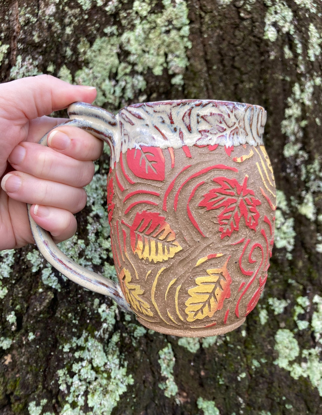 17oz Stoneware Autumn Leaf Sgraffito Mug - Etsy