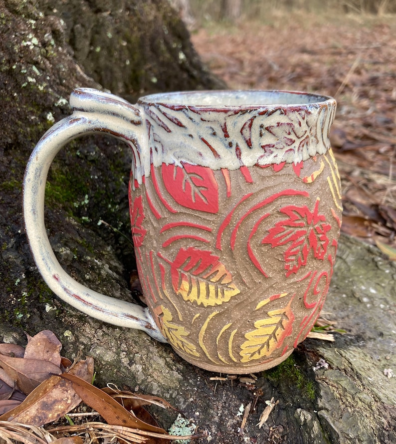 17oz Stoneware Autumn Leaf Sgraffito Mug - Etsy