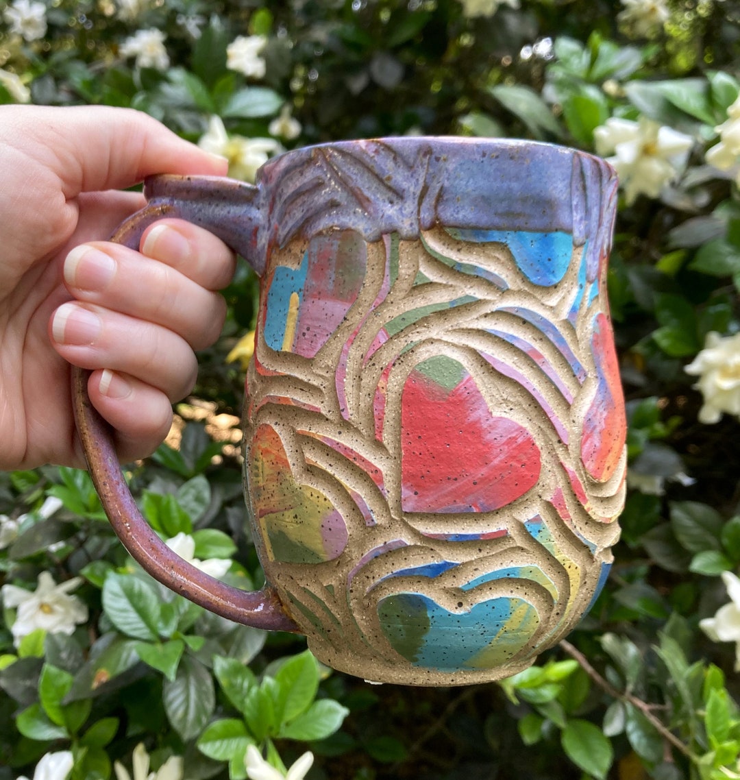 18oz Stoneware Rainbow Heart Sgraffito Mug - Etsy UK