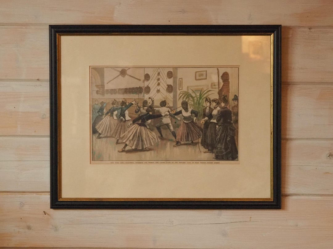 Antique Victorian Engraving New York City Ladies Fencing Handcoloured ...