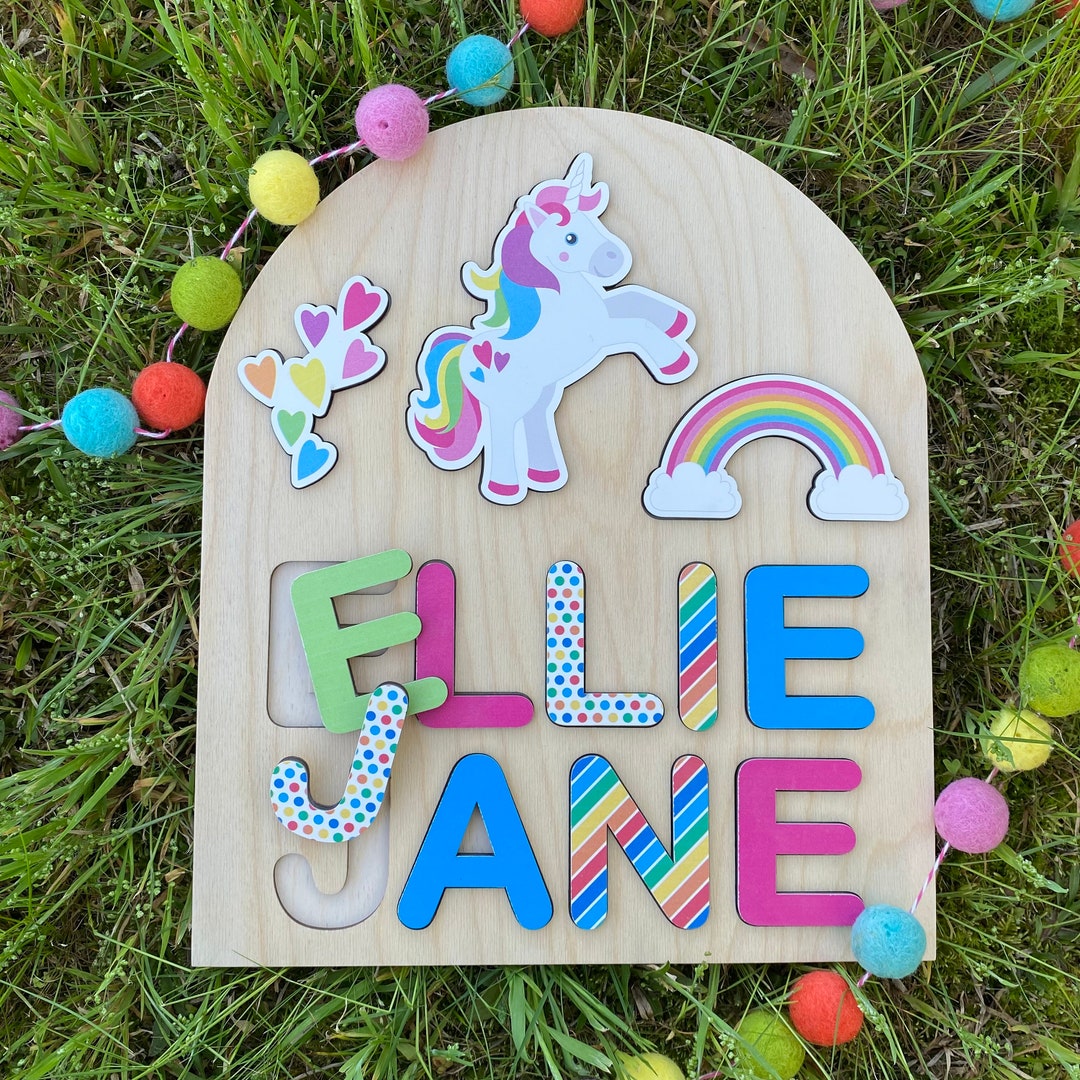 Unicorn Rainbow Theme Wooden Name Puzzle | Personalized Name Puzzle ...