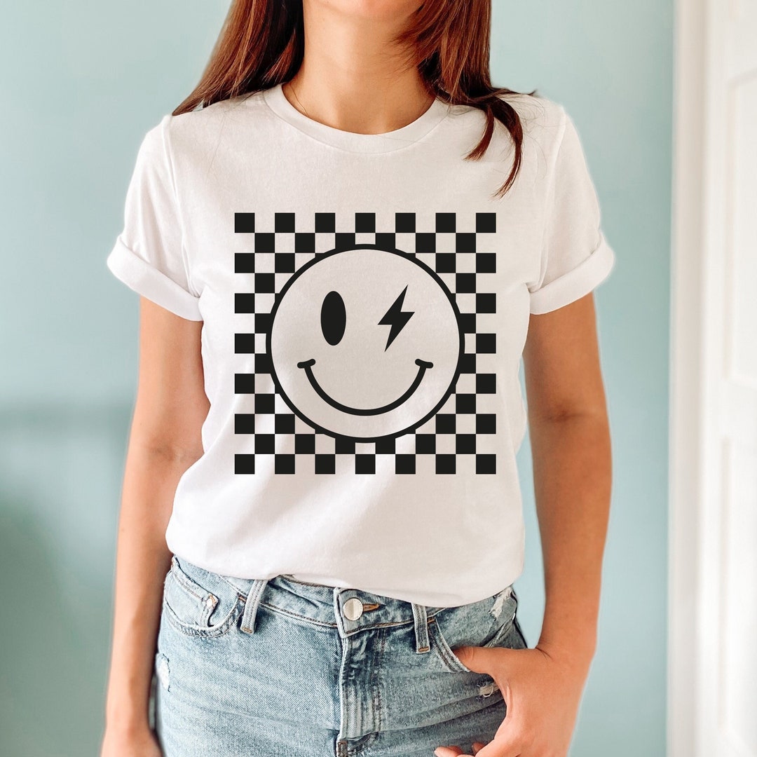 Lightning Bolt Checkerboard Smile Face Shirt Smiley Face - Etsy