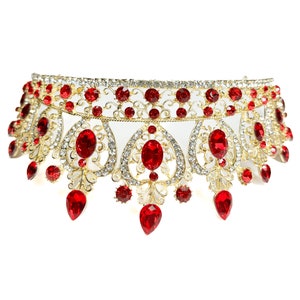 Red Crystal Rhinestone Crown, Bridal Wedding Gold Tiara, Fashion Hair ...