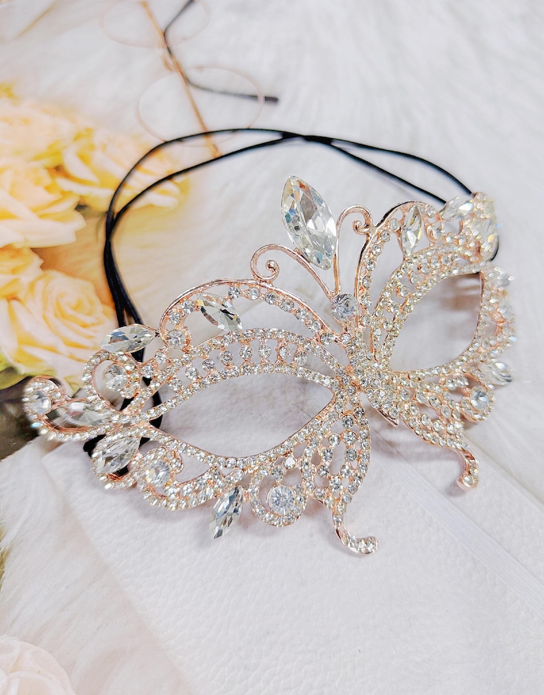 Butterfly Masquerade Mask, Wedding Party Rose Gold Mask, Clear Stone ...