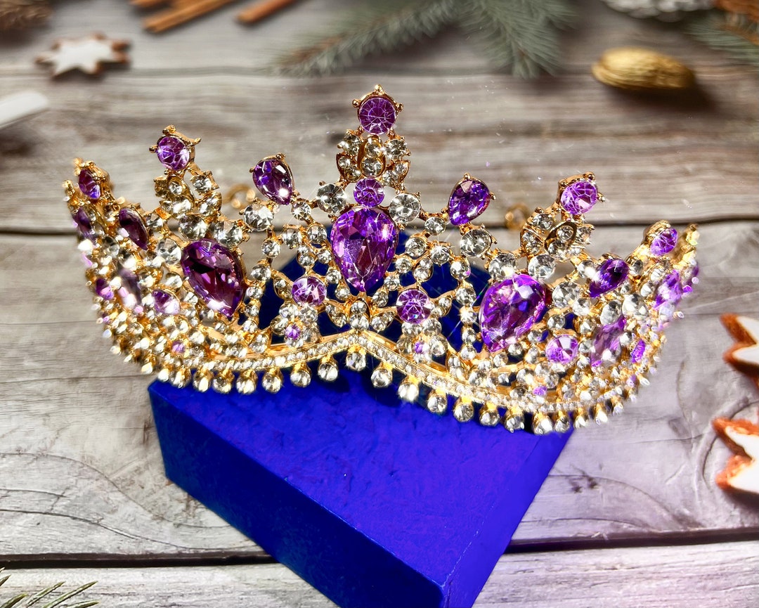 Mardi Gras Purple Tiara, Luxury Bridal Gold Crown, Prom, Crystal Crown ...