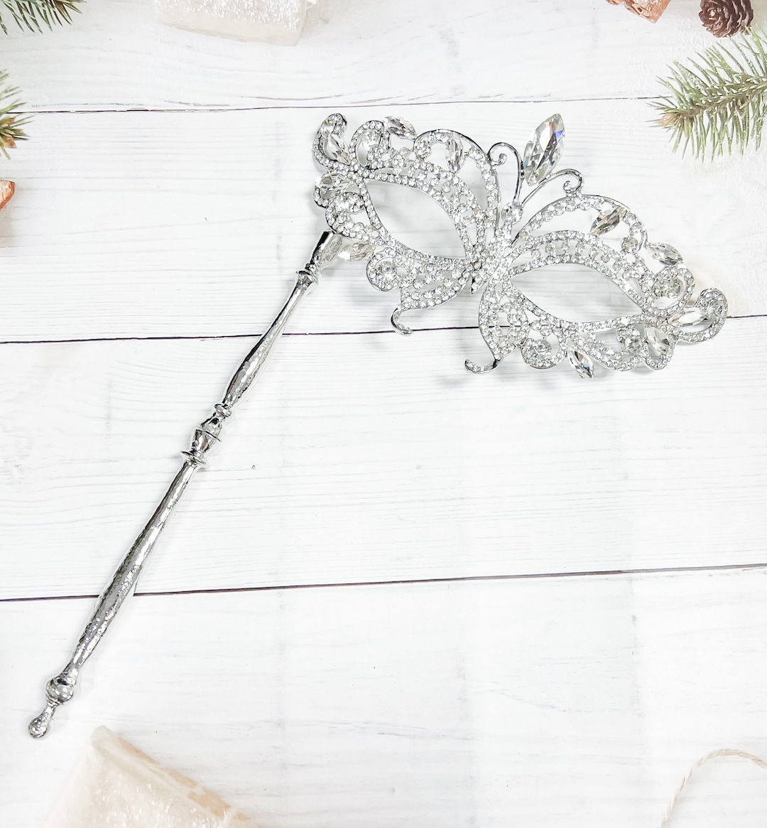 Clear Crystal Masquerade Mask With Stick, Wedding Party Silver Stick ...