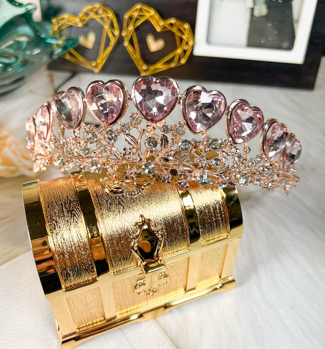 Queen of Heart Tiara, Pink Heart Crown, Fairy Gold Headband, Costume ...