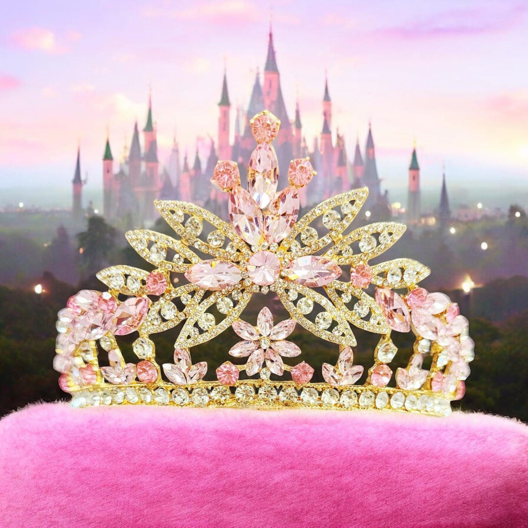 Gold Floral Tiara, Pink Crystal Rhinestone Wedding Headband - Etsy