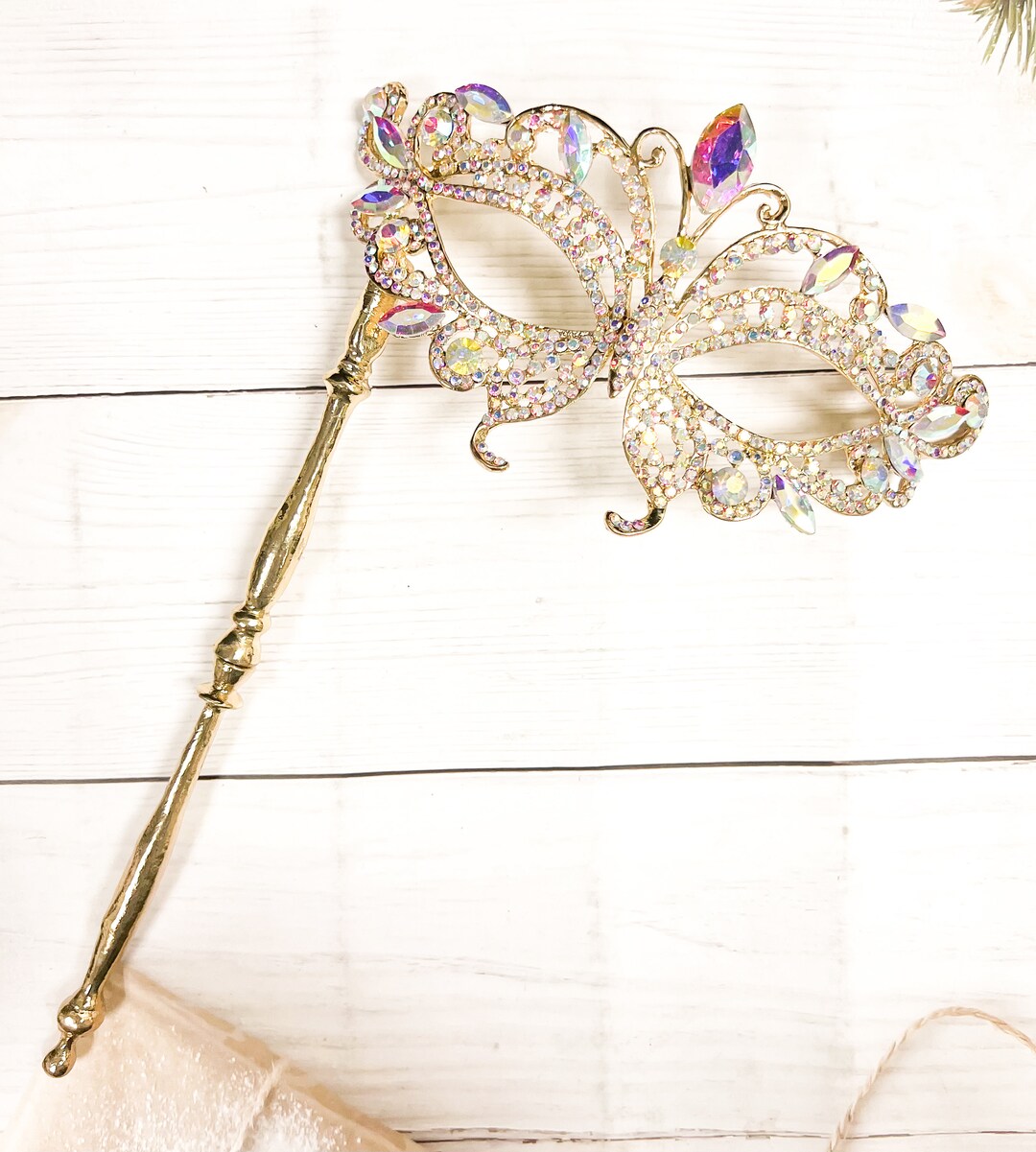 Crystal Masquerade Mask With Stick, Wedding Party Gold Stick Mask ...
