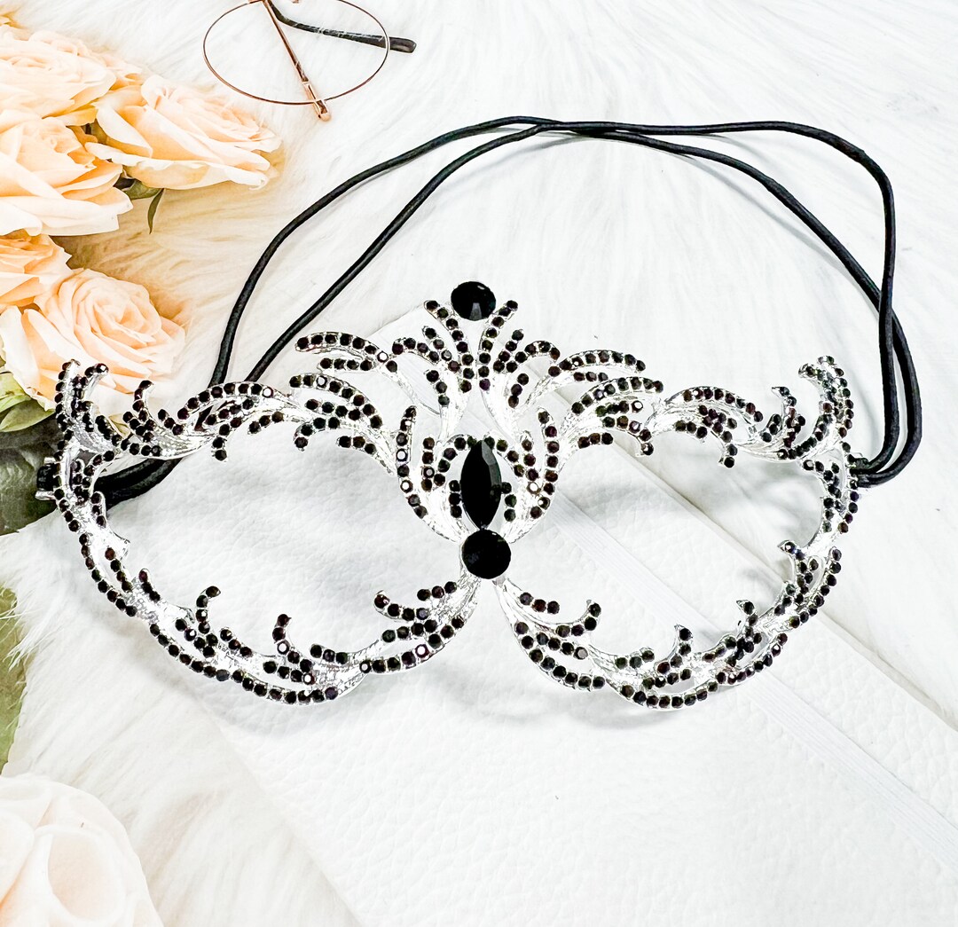 Silver Masquerade Mask, Black Crystal Masquerade Mask, Halloween Party ...