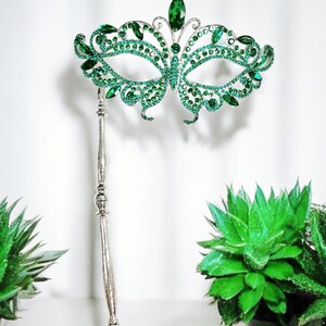 Emerald Rhinestone Masquerade Mask With Silver Stick - Etsy
