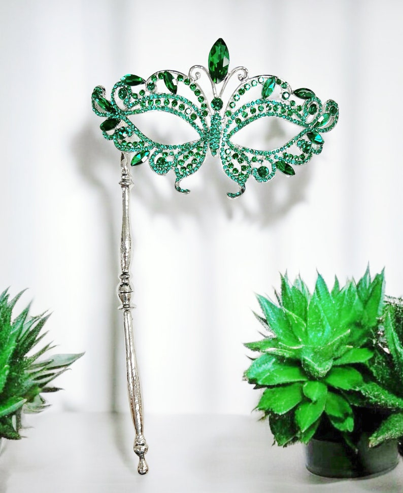 Emerald Rhinestone Masquerade Mask With Silver Stick - Etsy