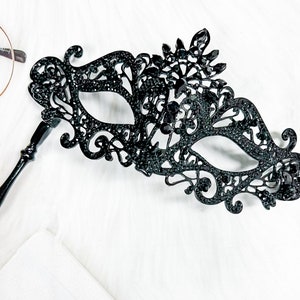 Masquerade Mask With Stick, Luxury Crystal Mask, Black Crystal Mask ...