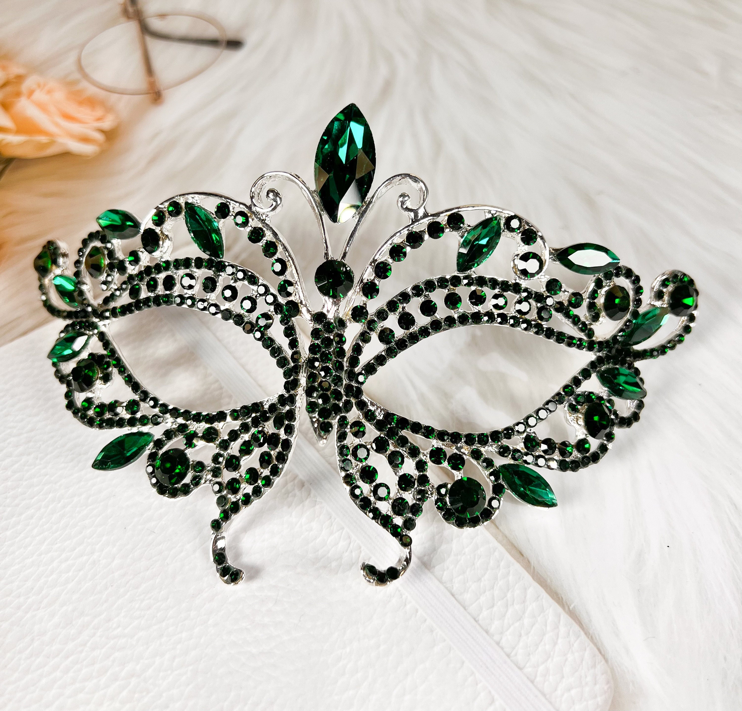Butterfly Masquerade Mask: Green Rhinestone Silver Eye Mask - Etsy