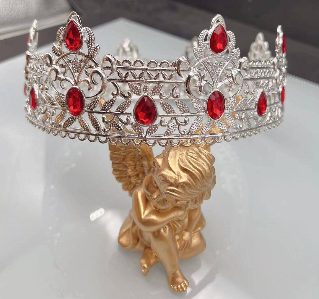 Royal King Crowns for Men, Red Crystal Silver Crown, Wedding Party ...