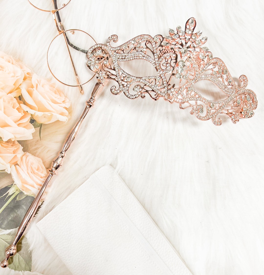 Rose Gold Masquerade Mask, Clear Crystal Masquerade Mask With Stick ...