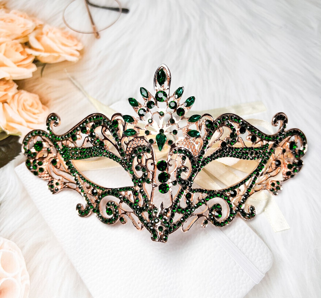 Masquerade Mask Luxury Green Crystal, Rhinestone Eye Mask, Elegant ...