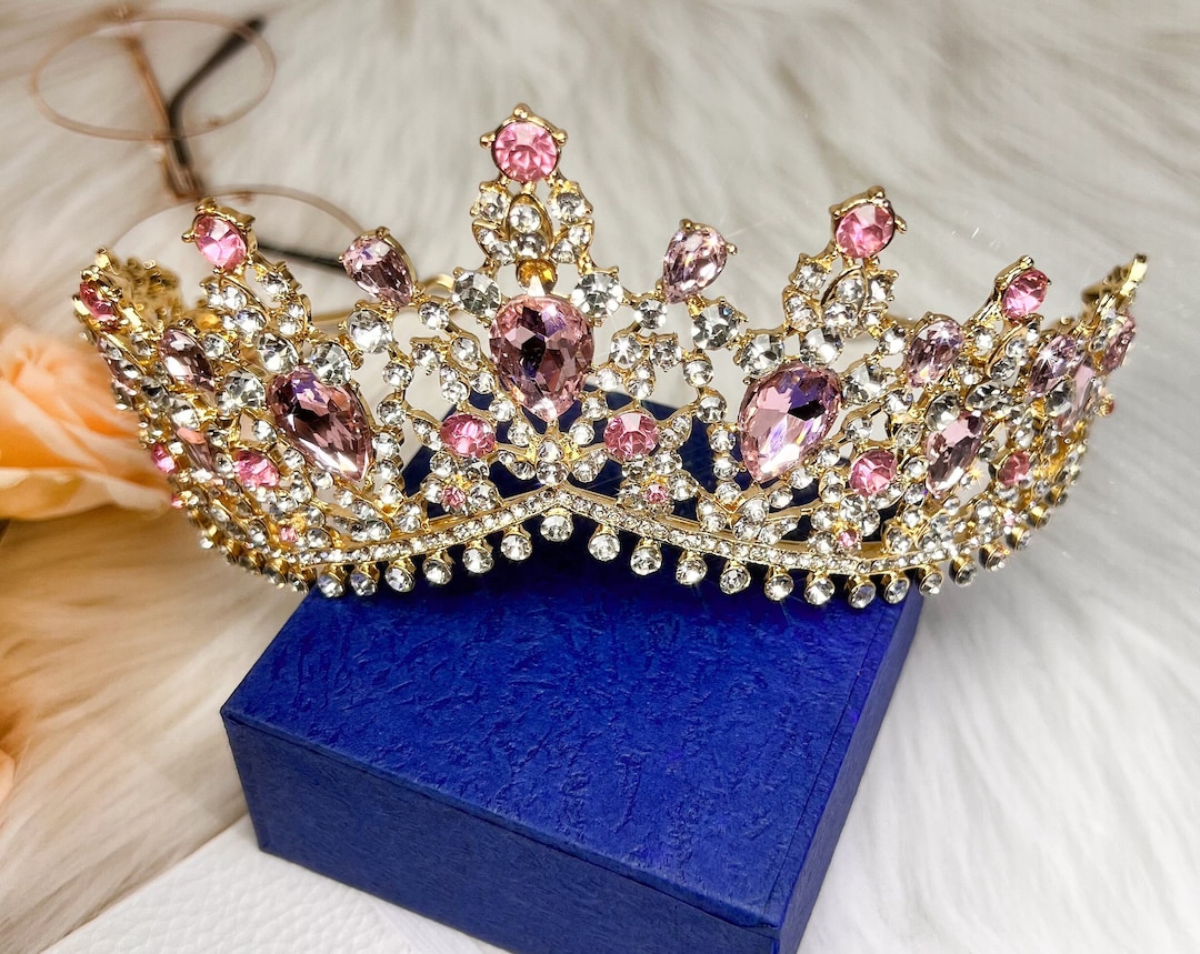 Princess Pink Tiara, Luxury Gold Crown, Elegant, Prom, Crystal Crown ...