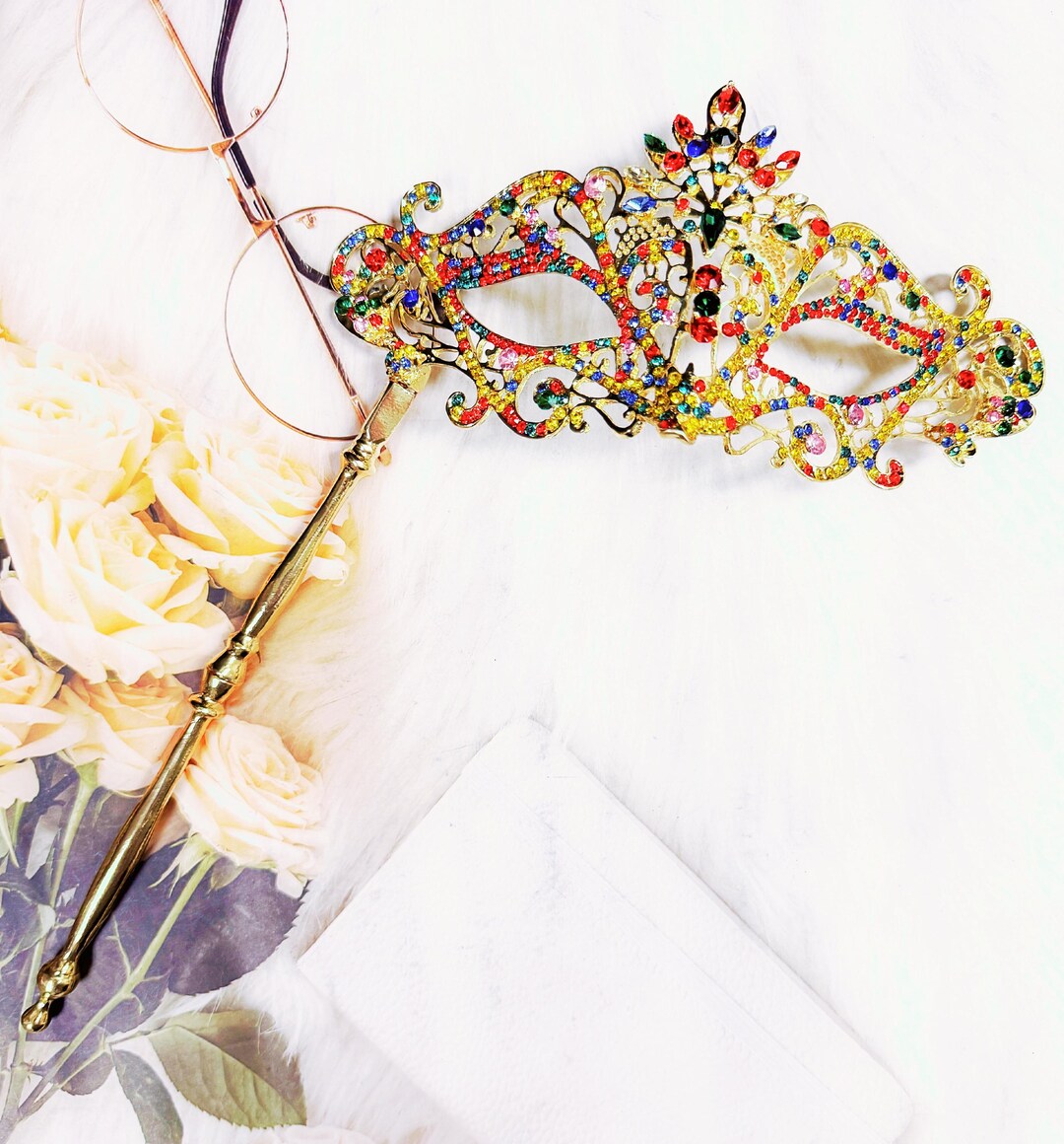 Rainbow Masquerade Mask, Crystal Handheld Mask, Gold Mask, Venetian ...