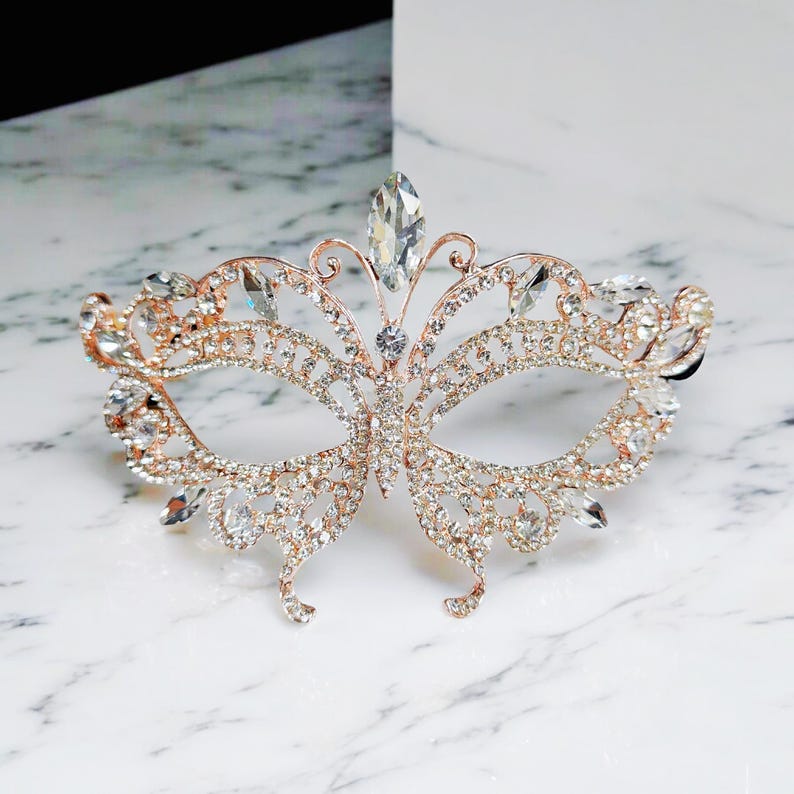 Butterfly Masquerade Mask, Wedding Party Rose Gold Mask, Clear Stone ...