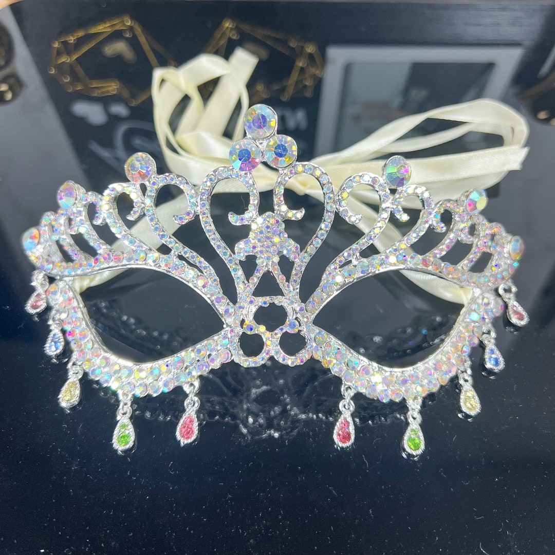 Silver Rhinestone Eye Mask, Rainbow Crystal Masquerade Mask, Mardi Gras ...