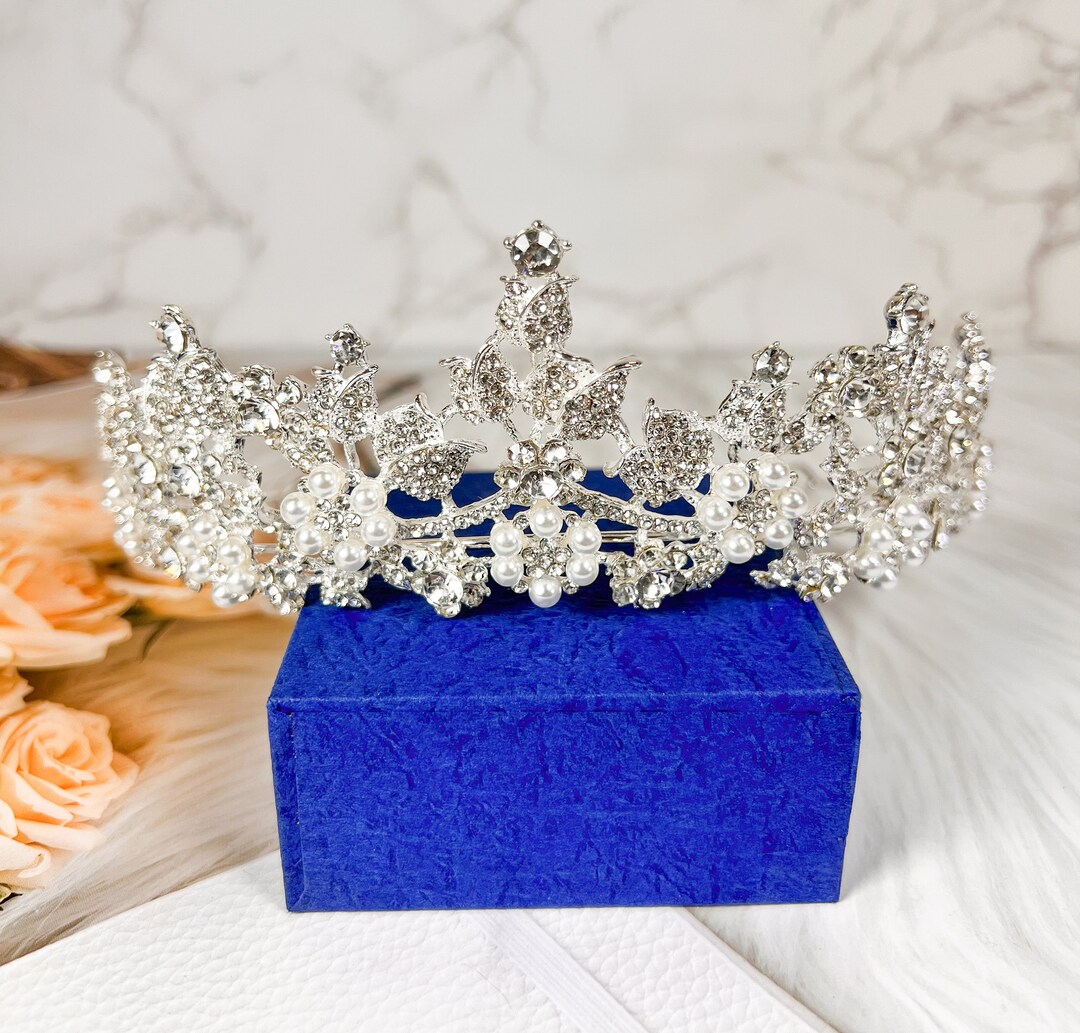 Silver Pearl Bride Crown, Crystal Rhinestone Tiara, Hair Jewelry ...