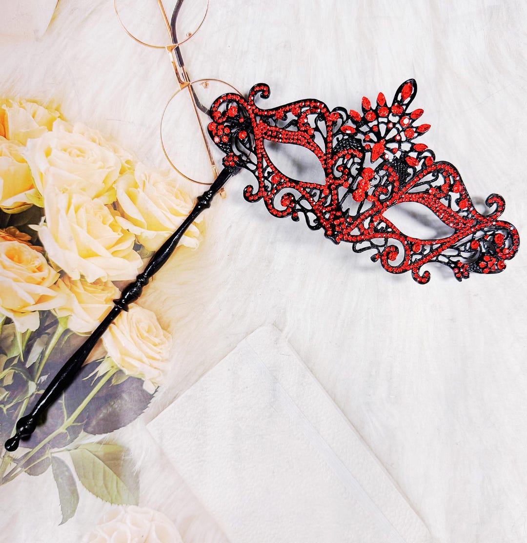 Masquerade Mask With Stick, Masquerade Wedding, Red Crystal Mask, Party ...