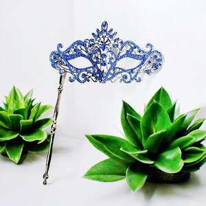 Blue Crystal Masquerade Mask With Stick: Venetian Prom Mask - Etsy