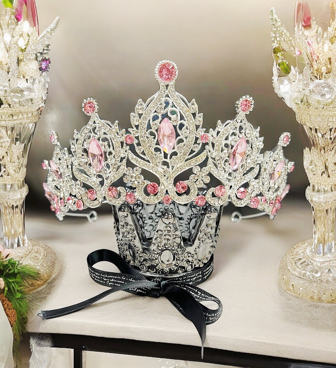Pink Rhinestone Crown: Silver Bridal Wedding Tiara - Etsy