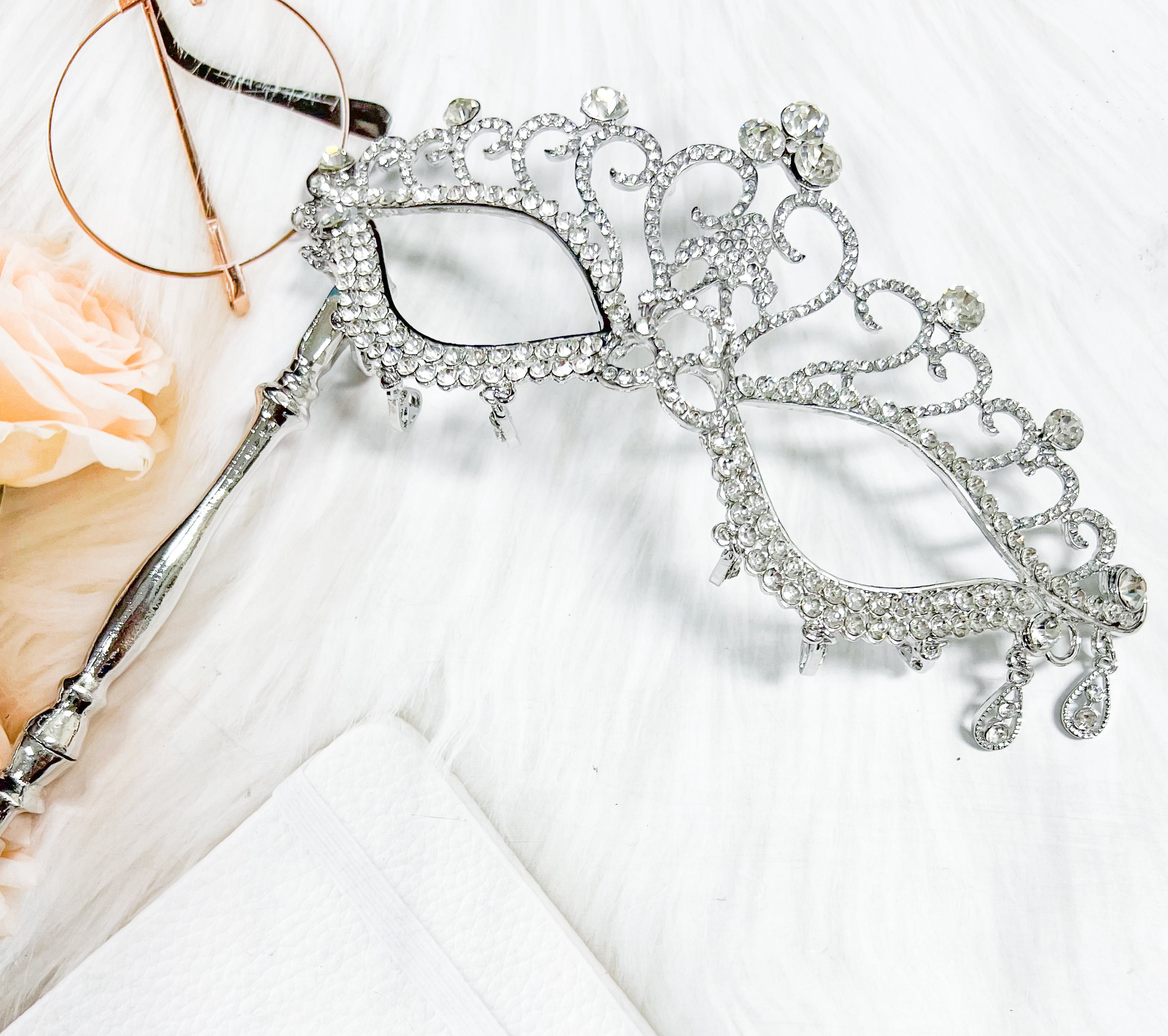 Crystal Masquerade Mask With Stick: Silver Prom Mask - Etsy