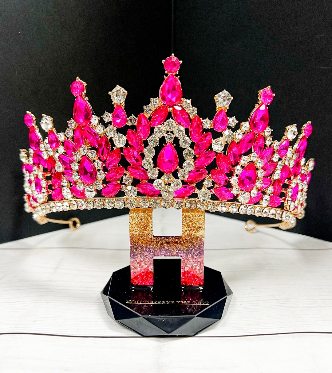 Fuchsia Crystal Crown, Quinceanera Crown, Gold Crown, Prom Crown, Birthday Crown, Princess Tiara ...