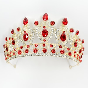 Red Crystal Rhinestone Crown, Bridal Wedding Gold Tiara, Fashion Hair ...