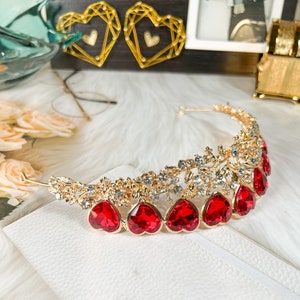 Queen of Heart Tiara, Red Heart Crown, Fairy Gold Headband, Costume ...