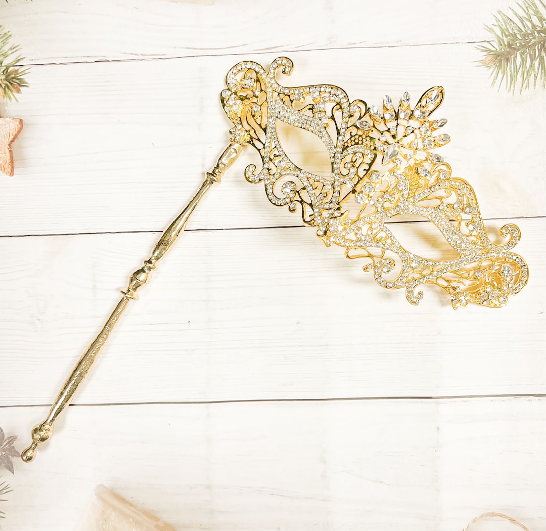 Clear Crystal Masquerade Mask With Stick, Gold Masquerade Mask ...