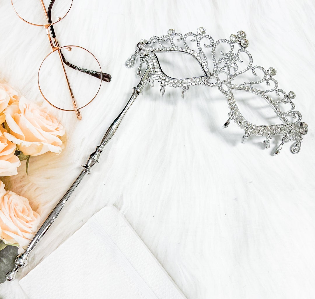 Crystal Masquerade Mask With Stick, Silver Masquerade Mask, Masquerade ...