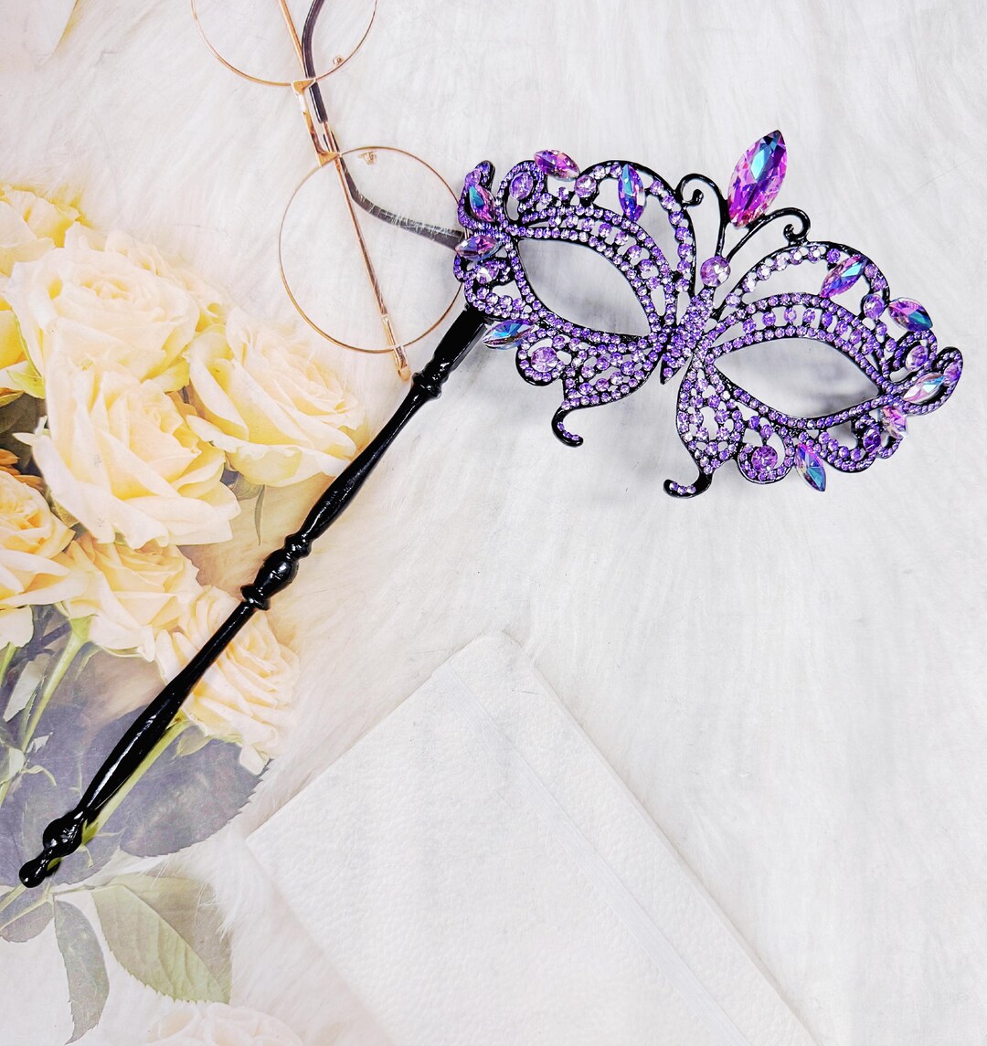 Purple Masquerade Ball Mask, Theatrical Stick Mask, Black Wedding Mask ...