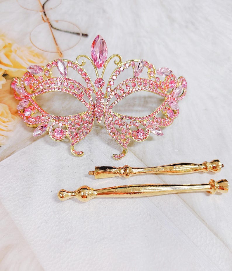 Pink Masquerade Mask, Met Gala Stick Mask, Gold Masquerade Mask ...