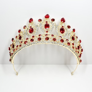 Red Crystal Rhinestone Crown, Bridal Wedding Gold Tiara, Fashion Hair ...
