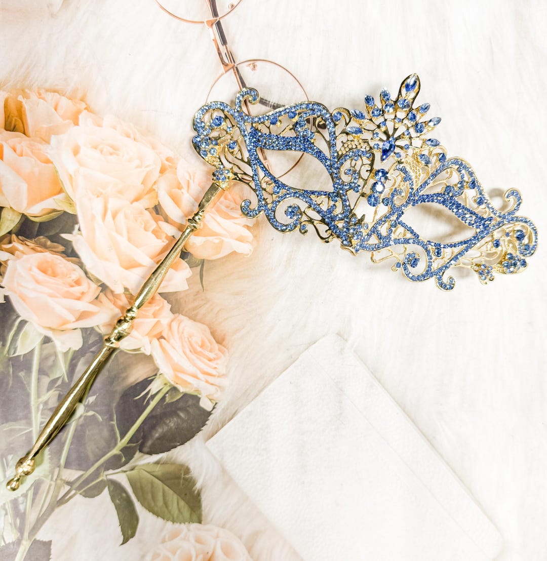 Blue Crystal Masquerade Mask With Gold Stick: Venetian Party Mask - Etsy