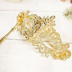 Clear Crystal Masquerade Mask With Stick, Gold Masquerade Mask ...