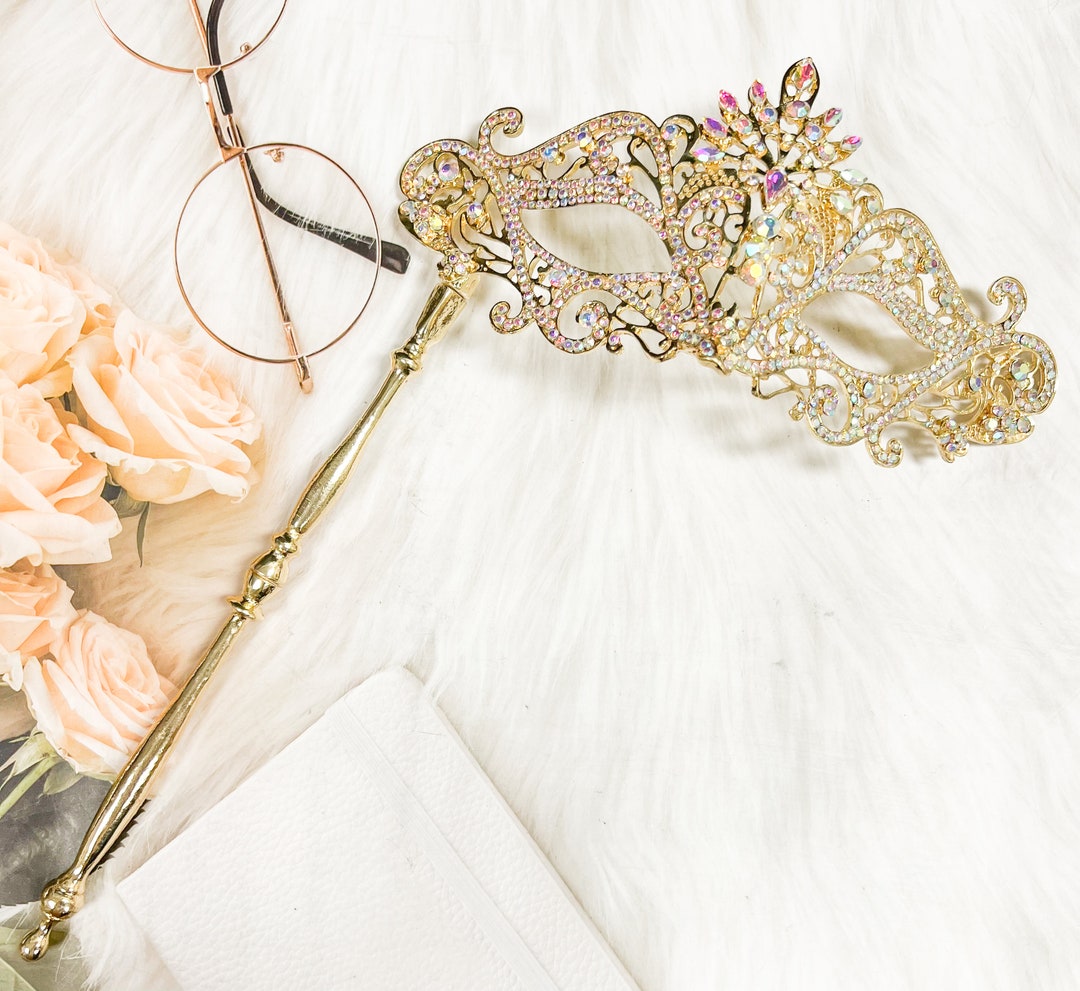 Crystal Masquerade Mask With Stick: Elegant Gold Party Mask, Iridescent ...
