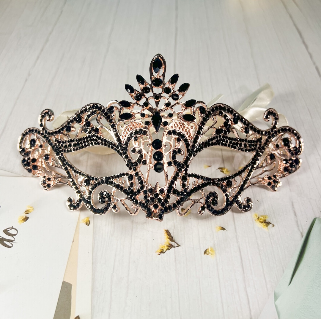 Masquerade Mask Luxury Black Crystal, Rhinestone Gold Mask, Elegant ...